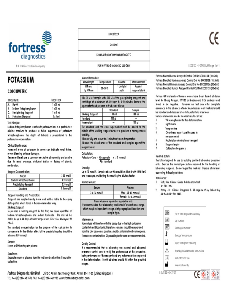 Potassium Colorimetric Test Kit | PDF | Potassium | Diet & Nutrition