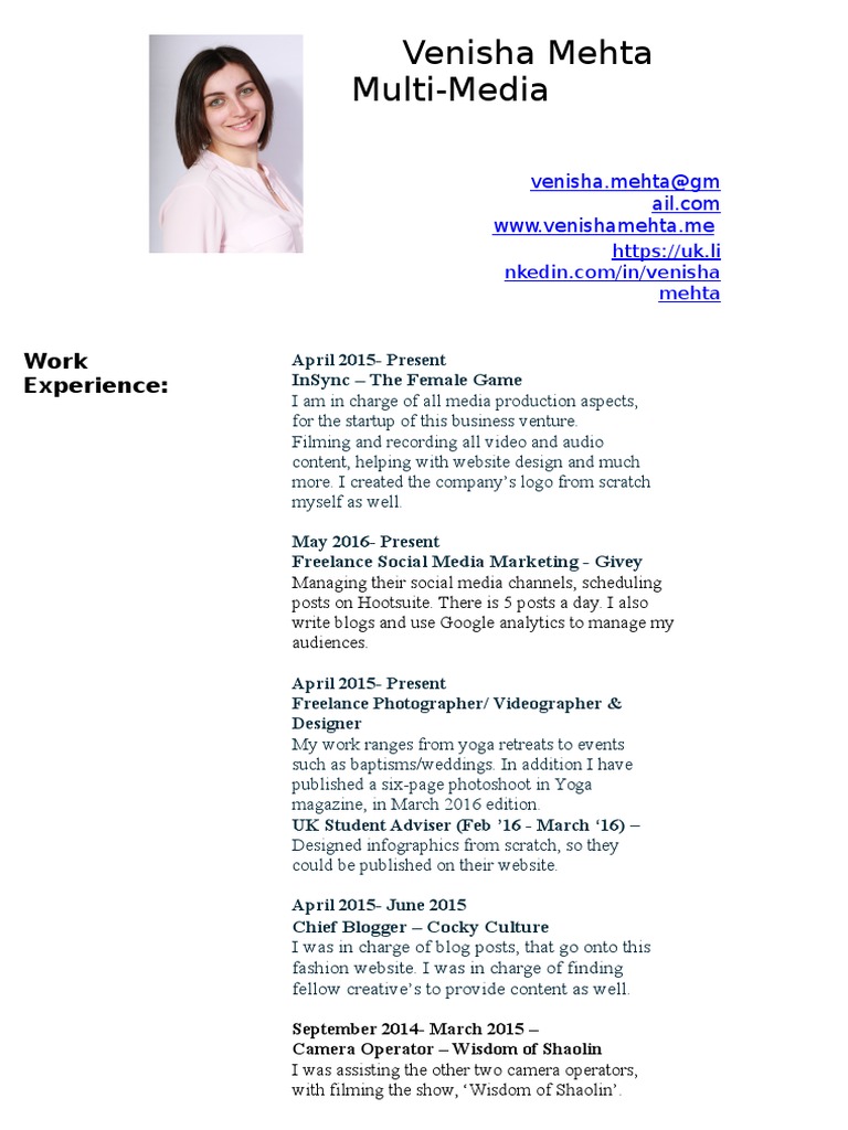 Venisha Mehta: Multi-Media Practitioner | PDF