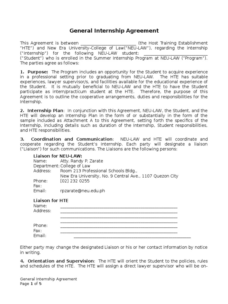 Free Internship Contract Template Internship Agreement Contract