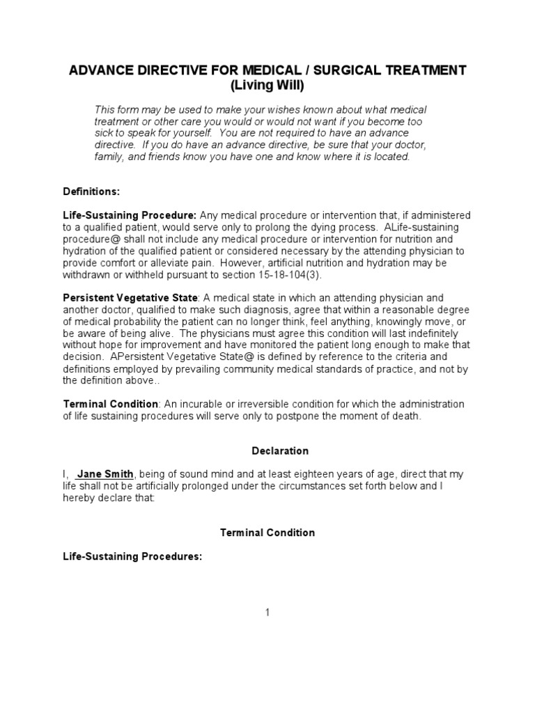 Advance Directive For Medical / Surgical Treatment (Living Will ...