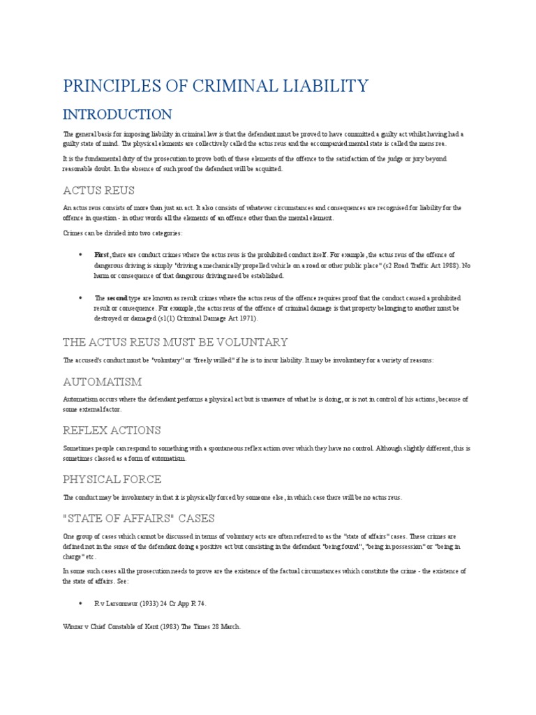 Criminal Liability Essentials | PDF | Mens Rea | Criminal Law