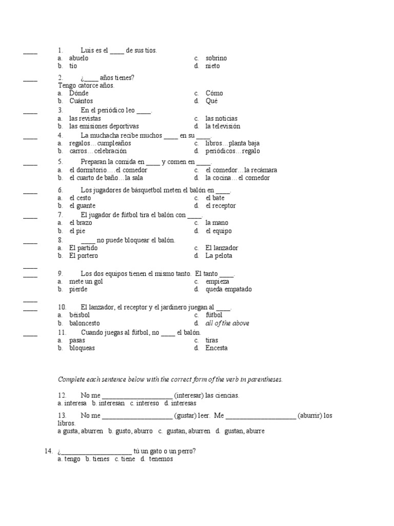 Spanish 1 CH 6 and 7 Review Questions | PDF | Pelota | Asociación de Futbol