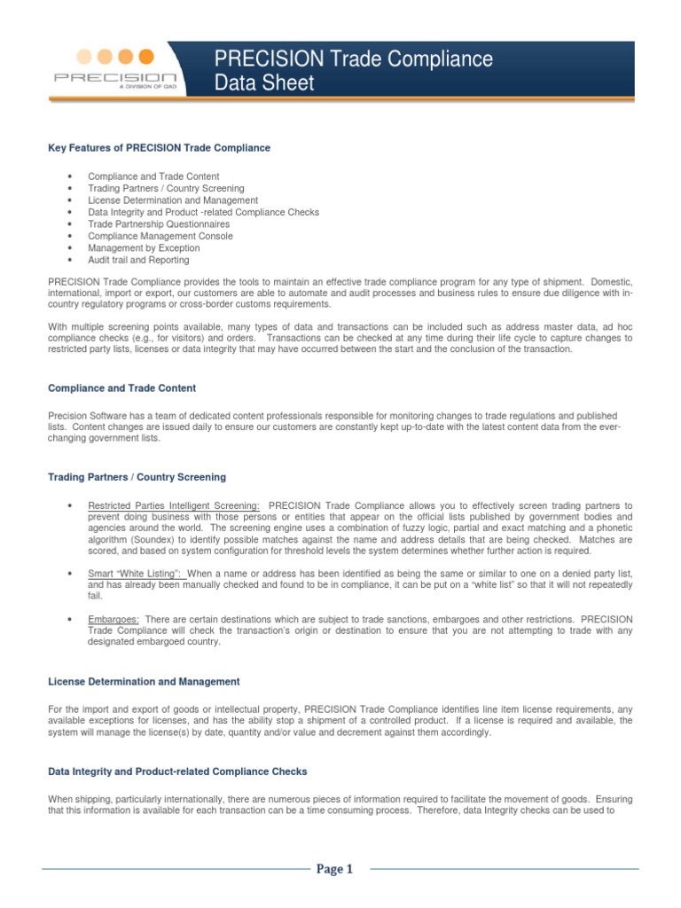 Trade Compliance Data Sheet - PRECISION | PDF | Regulatory Compliance ...