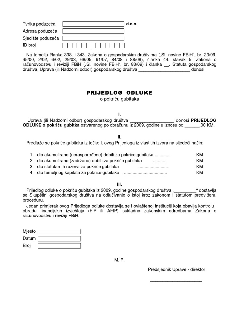 Prijedlog Odluke o Pokricu Gubitaka Doo | PDF