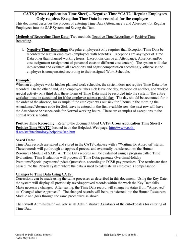 CATS (Cross Application Time Sheet) - Negative Time "CAT2" Regular ...