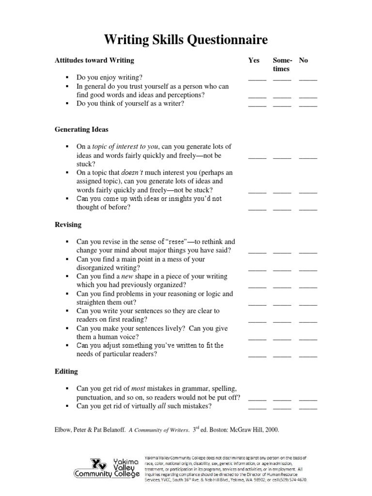 Writing Skills Questionnaire | PDF | Self-Improvement