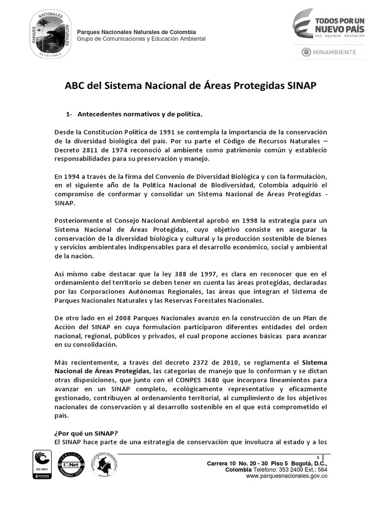 ABC Del Sistema Nacional de Áreas Protegidas SINAP | PDF ...