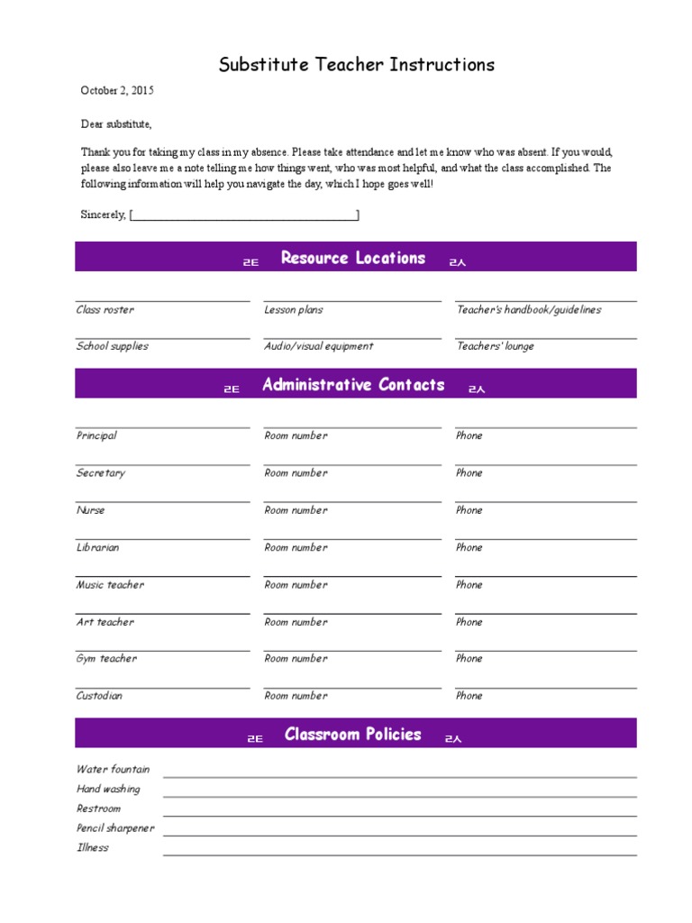 Substitute Teacher Guide | PDF | Language Arts & Discipline