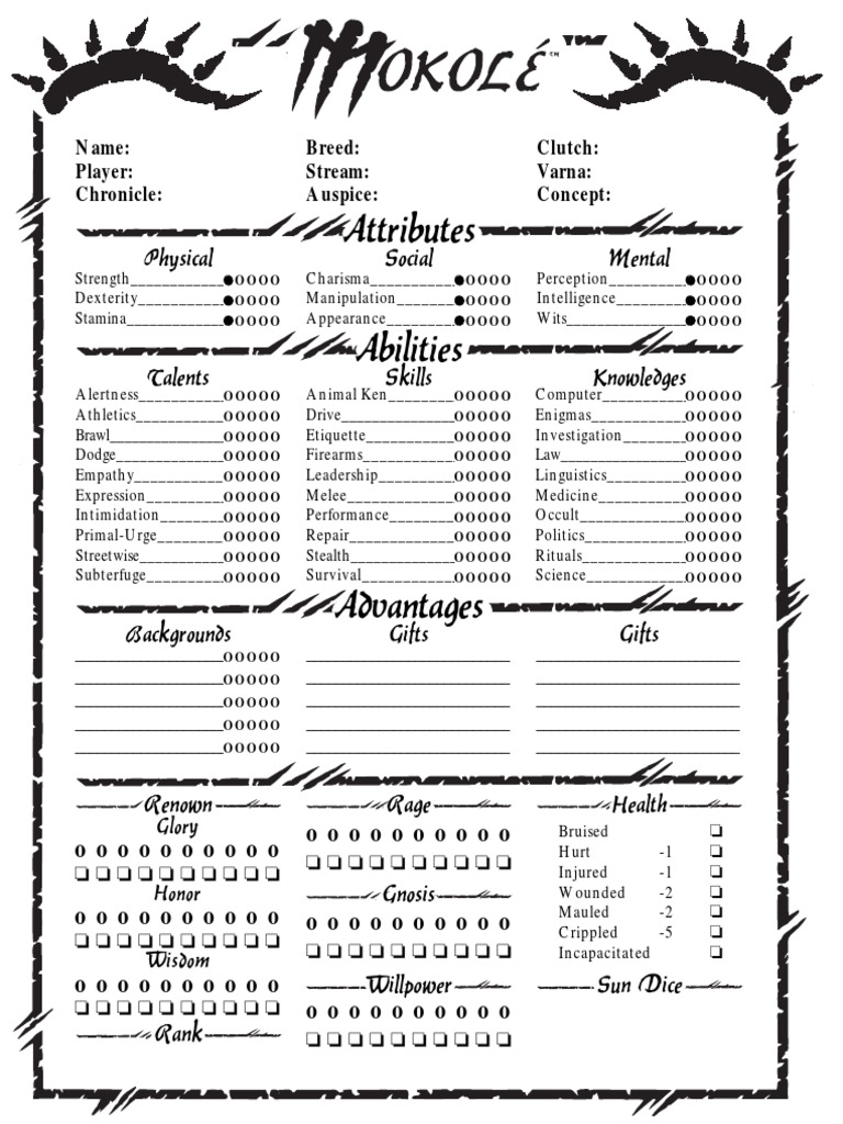 Werewolf The Apocalypse Character Sheet
