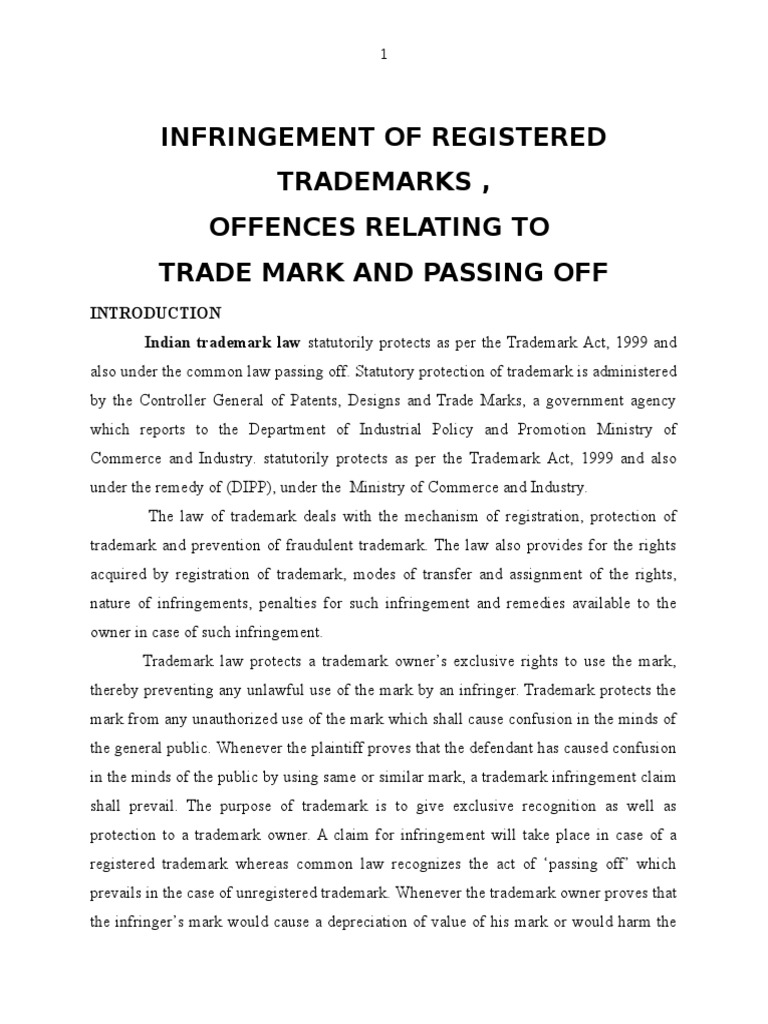 Trademark Infringement and Passing Off | PDF | Trademark Dilution ...