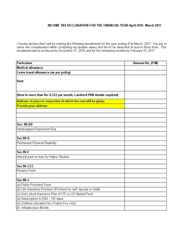 Income Tax Declaration and Deductions for the Financial Year 2016-2017 ...
