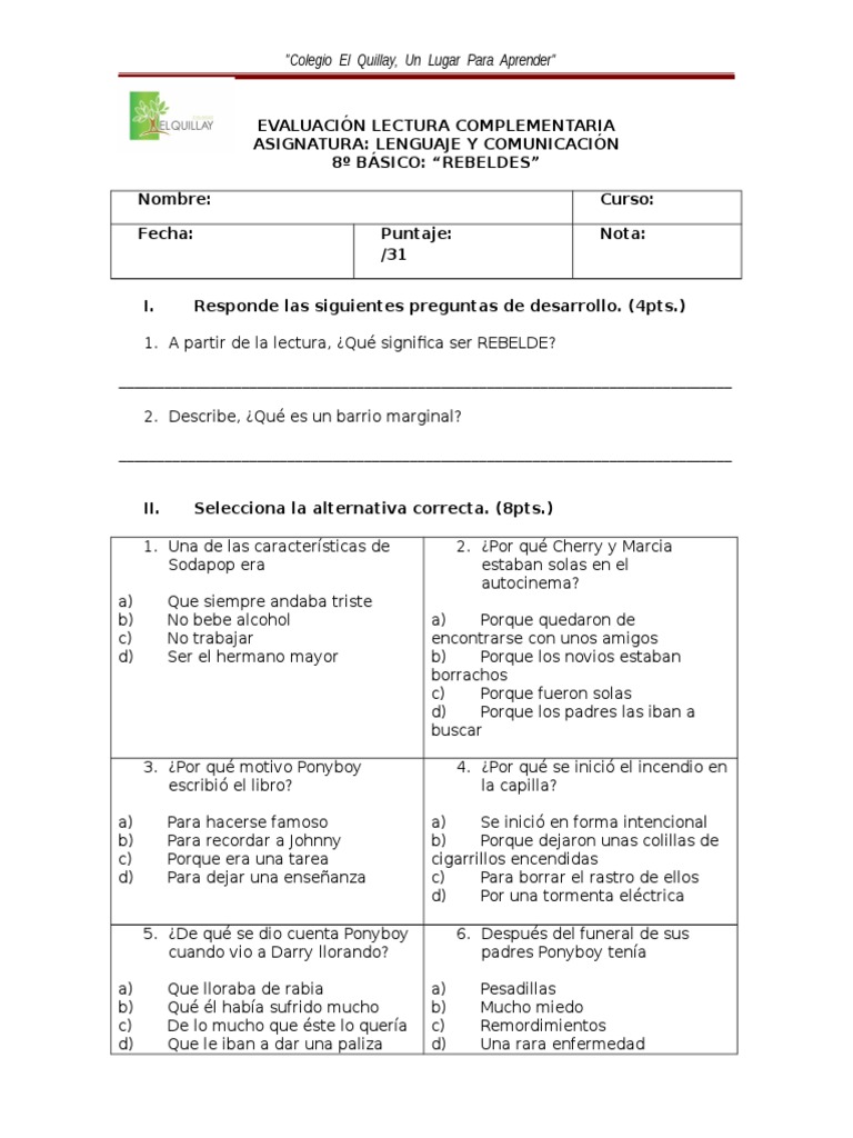 8° Prueba Libro Rebeldes | PDF | Estudios de idiomas extranjeros