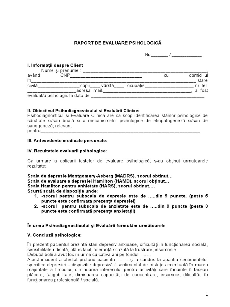Model Raport de Evaluare Psihologică in Depresie | PDF