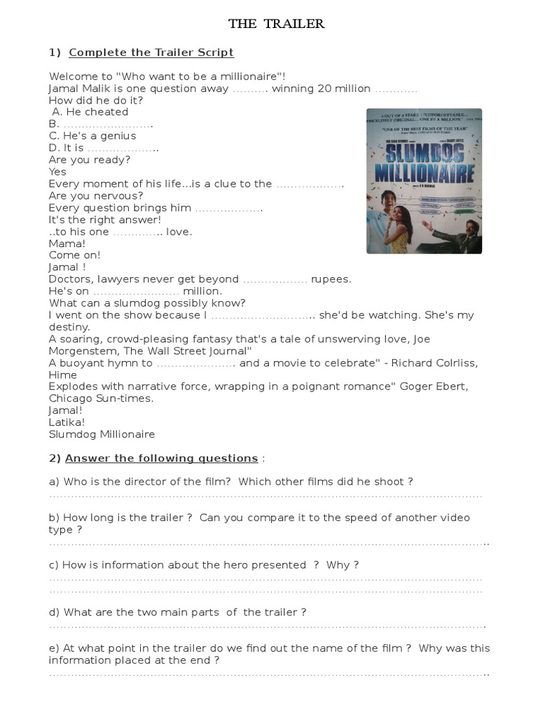 Trailer of Slumdog Millionaire Worksheet | PDF