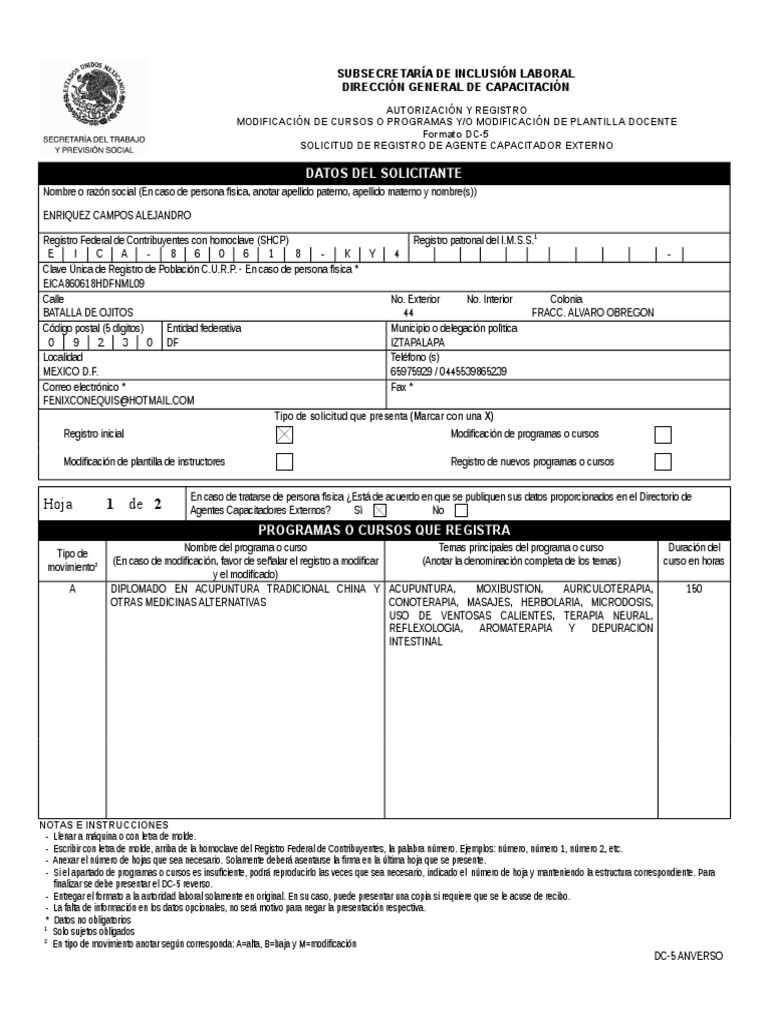 Formato DC-5 SOLICITUD DE REGISTRO DE AGENTE CAPACITADOR EXTERNO | PDF | Science | Tecnología ...