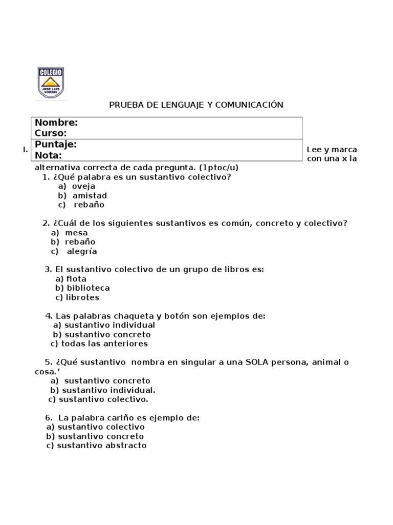 Prueba Quinto Los Sustantivos | PDF | Sustantivo | Amor