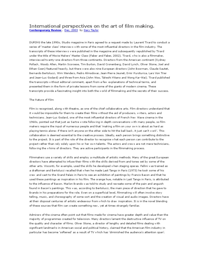 International Perspectives On The Art of Film Making | PDF | Filmmaking ...