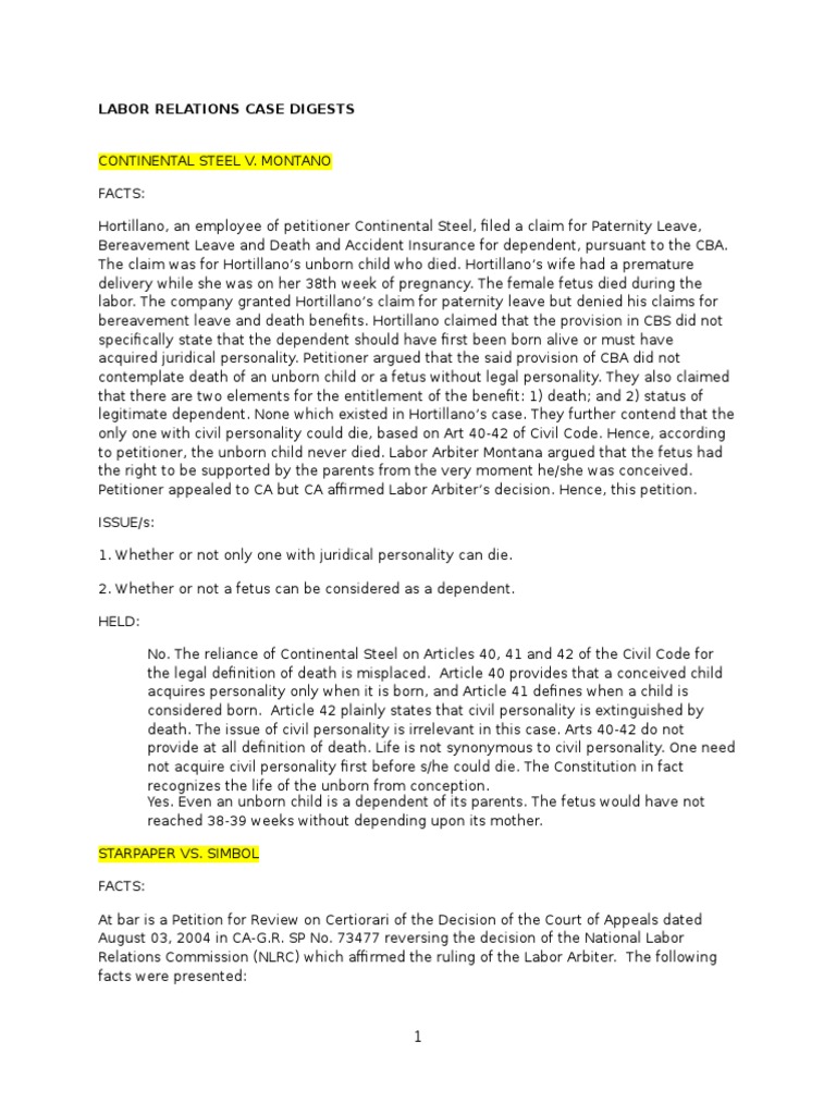 Labor Relations Case Digests | PDF | Layoff | Employment