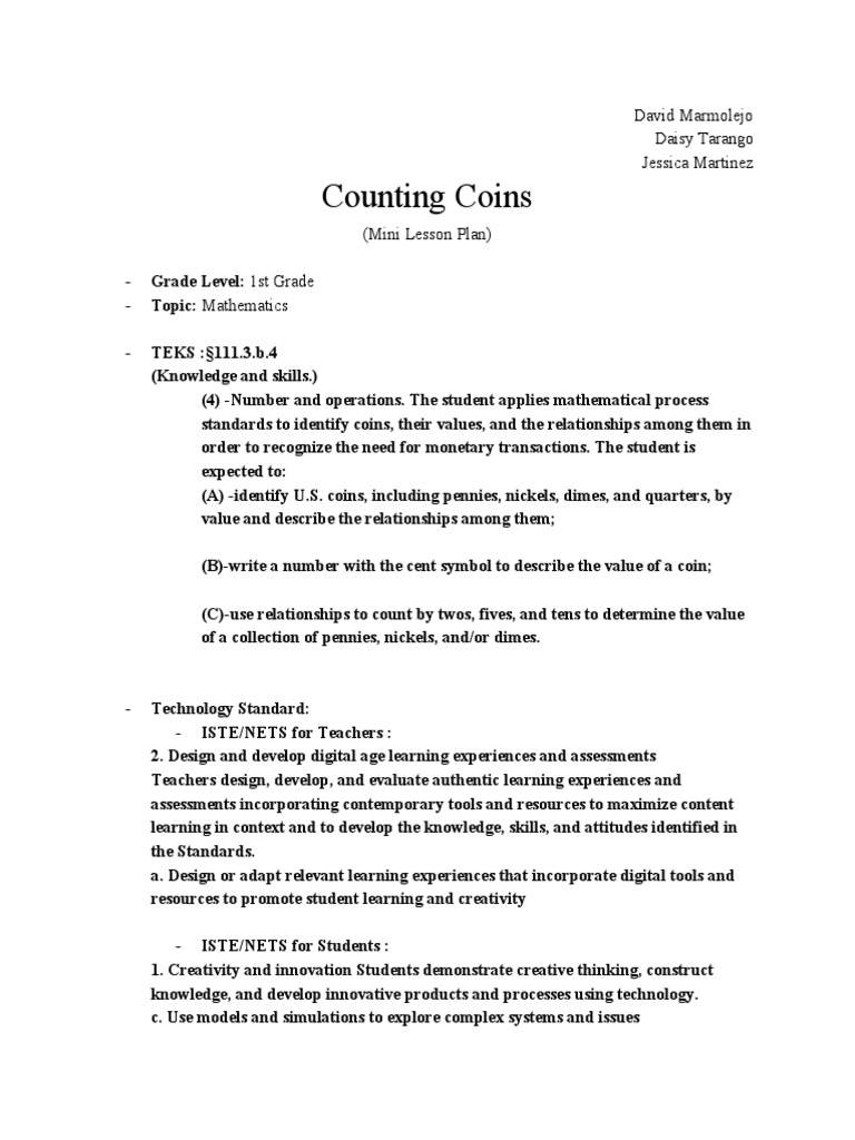 1st Grade Coin Counting Lesson Plan | PDF