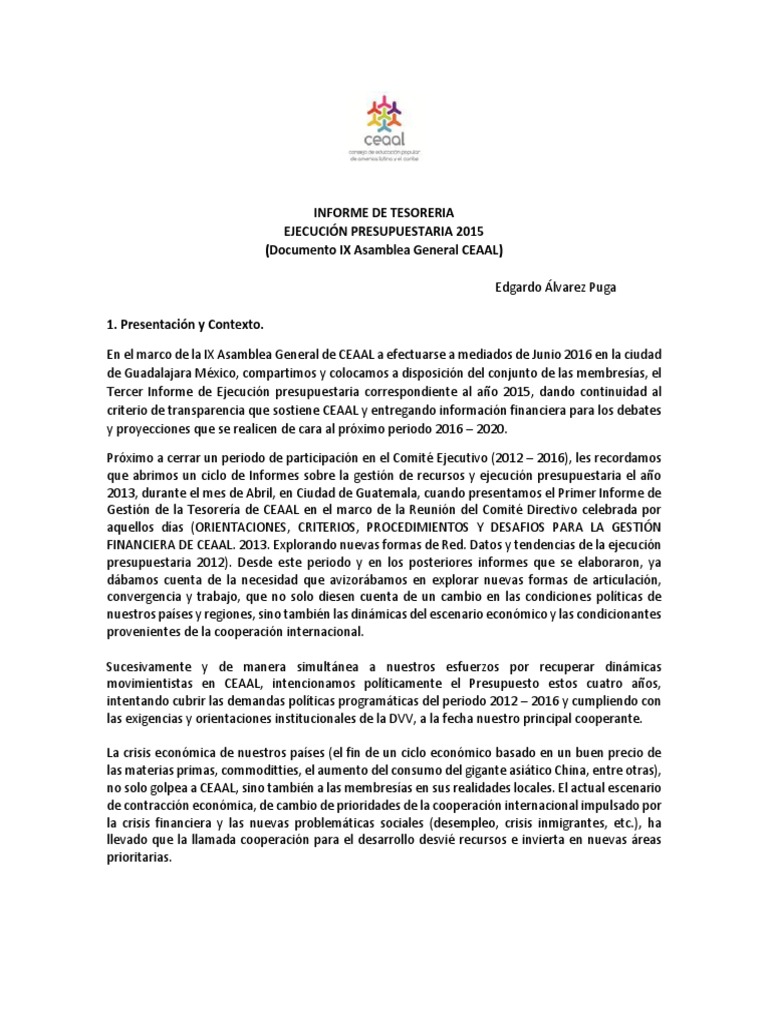Informe de Tesorería 2015 | PDF | Euro | Presupuesto