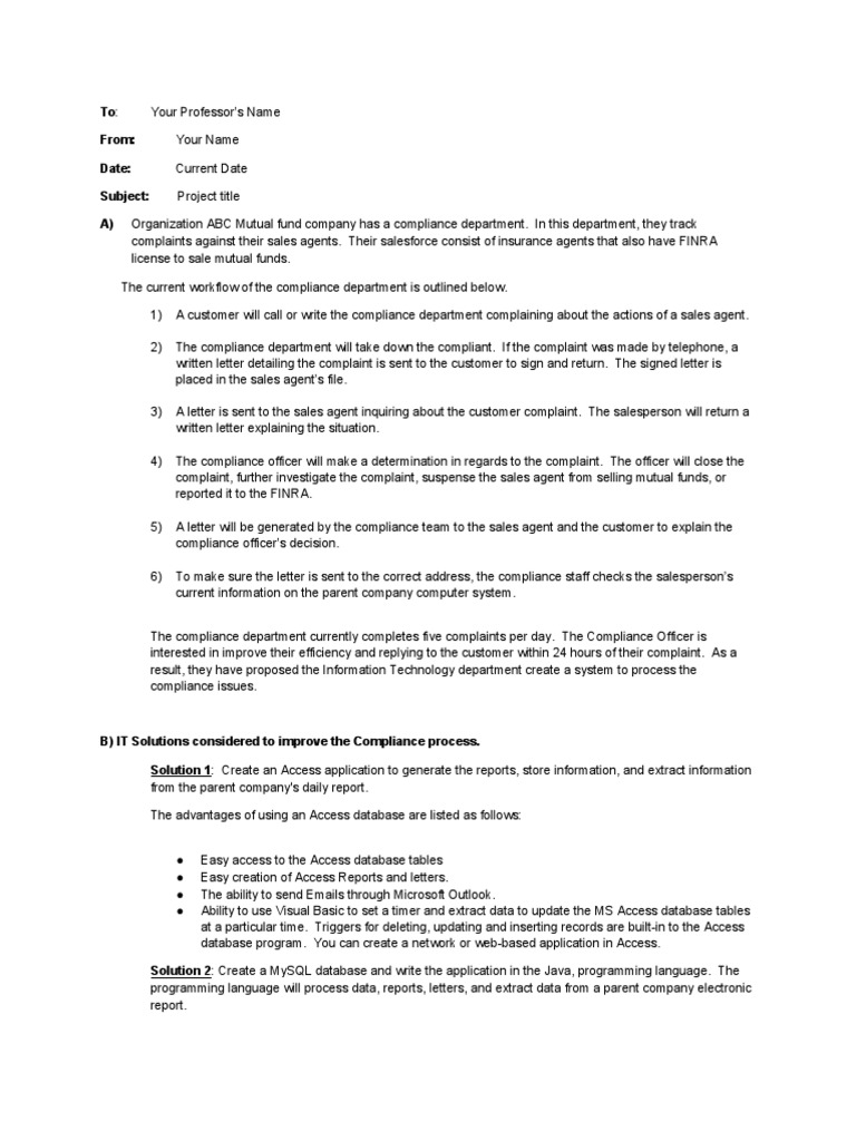 Is 498 Sample Capstone Proposal Memo | Microsoft Access | Databases