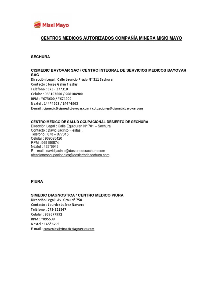 Centros Medicos Autorizados Compañía Minera Miski Mayo | PDF