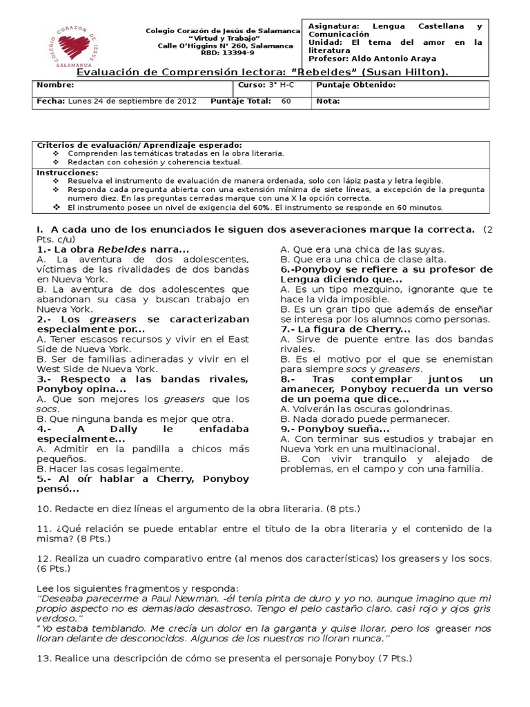 Prueba de Rebeldes de Susan Hilton | PDF