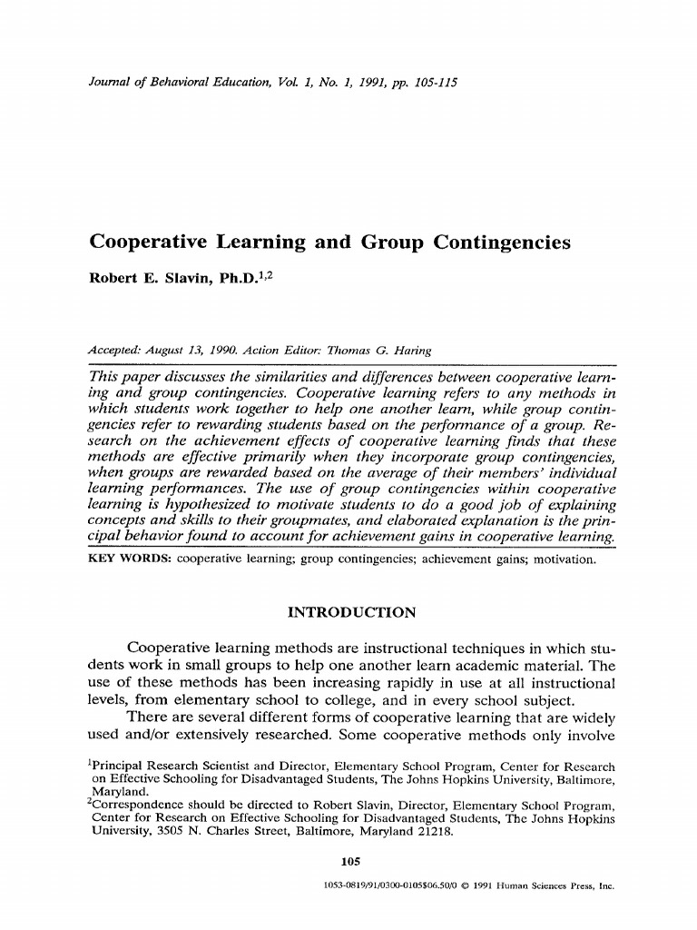 Robert Slavin - Cooperative Learning and Group Contingencies | PDF ...