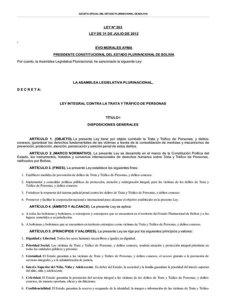 Ley 263 Ley Integral Contra La Trata y TR Fico de | PDF | Trata de personas | Delito