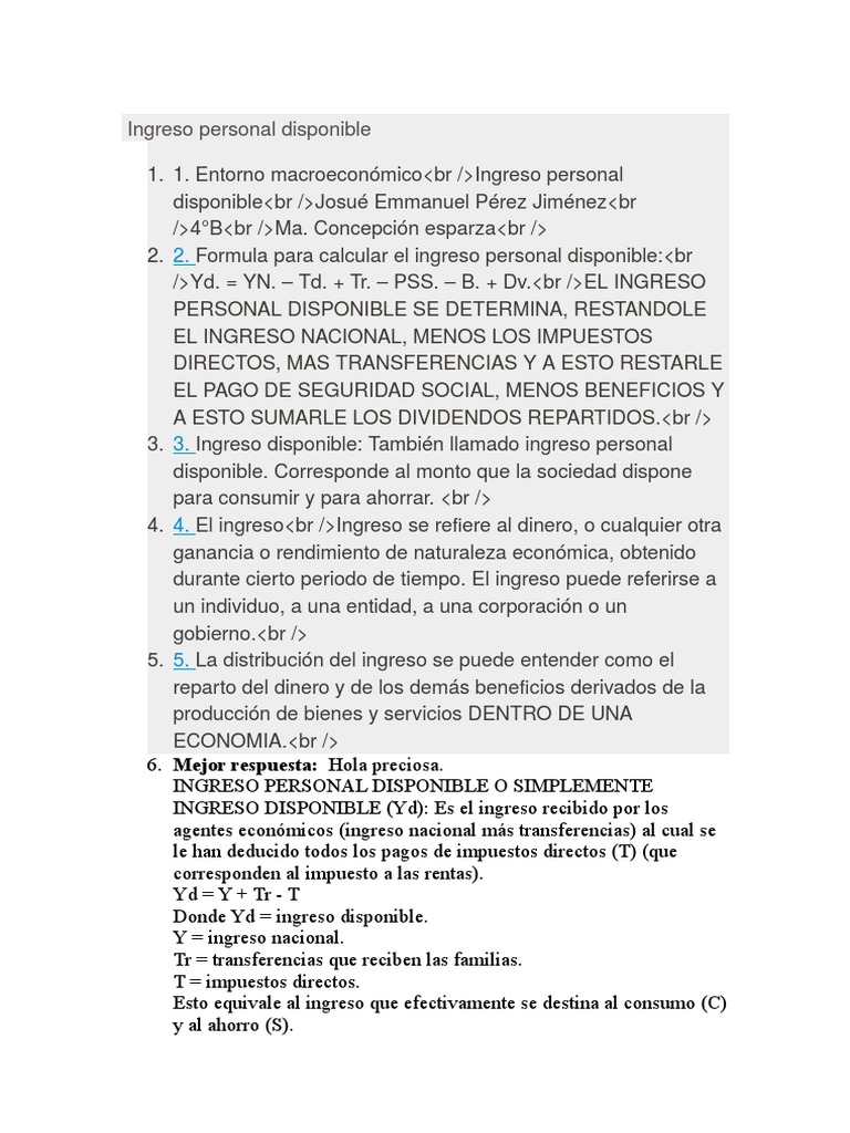 Cálculo del Ingreso Personal Disponible | PDF | Producto Interno Bruto ...