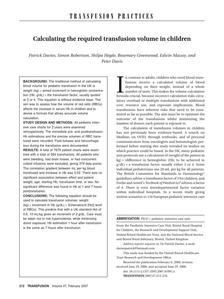 Calculating the Optimal Volume for Pediatric Blood Transfusions ...