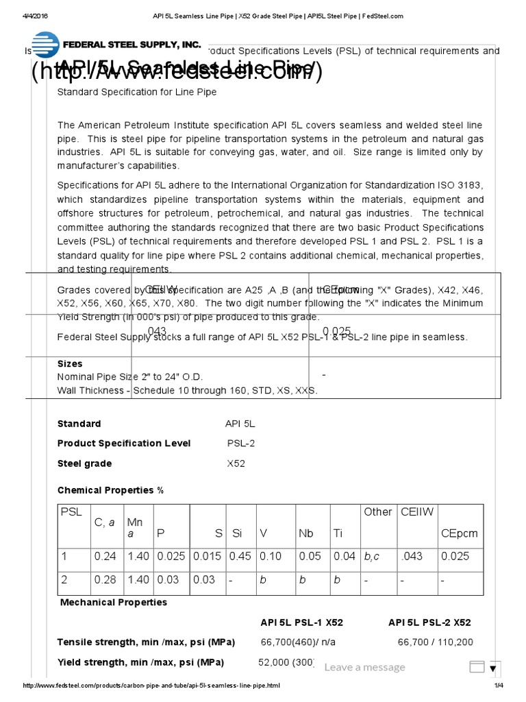 API 5L X52 Steel Pipe Guide | PDF | Pipe (Fluid Conveyance) | Chemical ...
