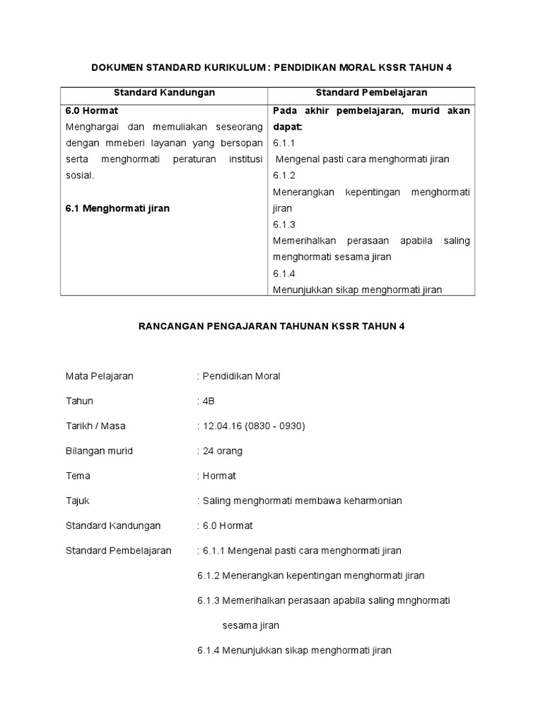 Contoh RPH Pendidikan Moral Tahun 4 KSSR | PDF | Karier & Perkembangan ...