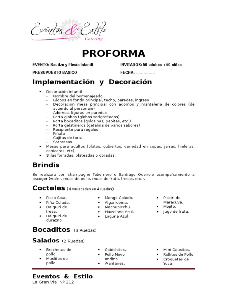 Proforma Infantil Eventos Estilo | PDF | ensalada | Comida y bebida