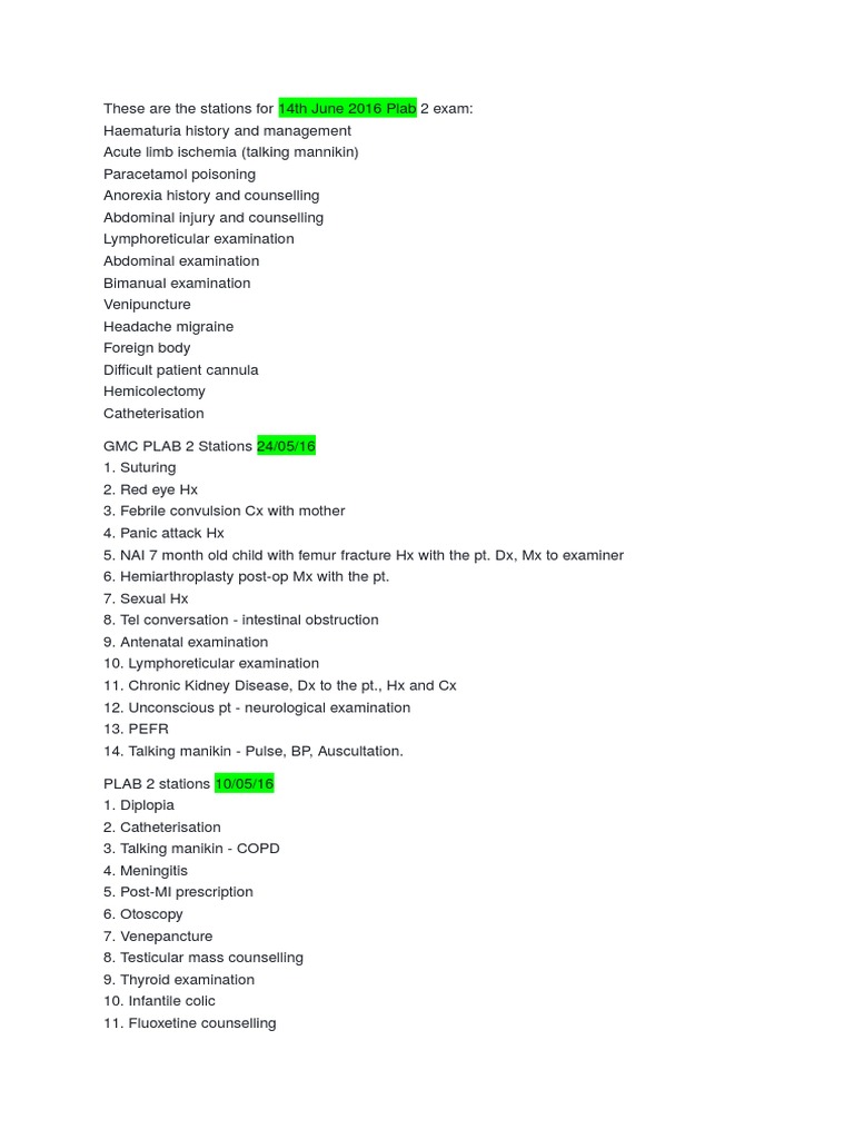 These Are The Stations For 14th June 2016 Plab 2 Exam | PDF | Pain | Rtt