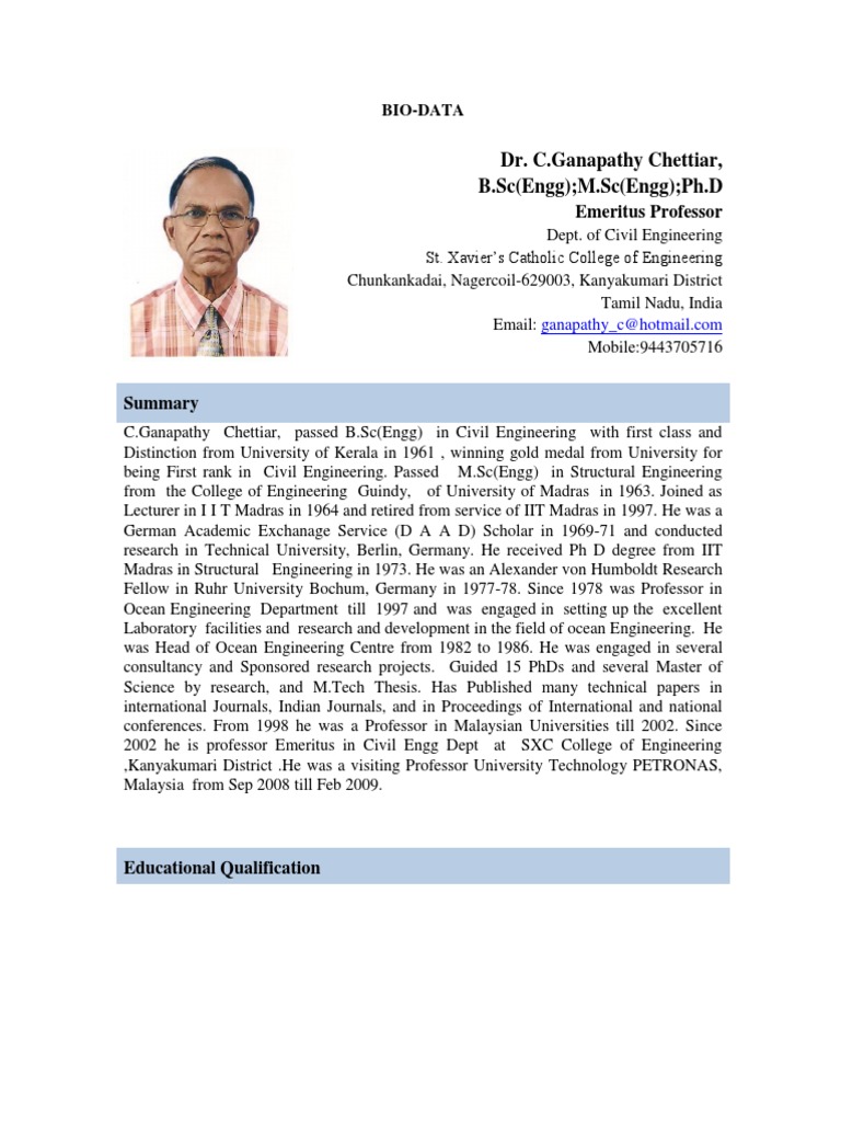 Profile of Dr. C. Ganapathy Chettiar | PDF | Doctor Of Philosophy ...