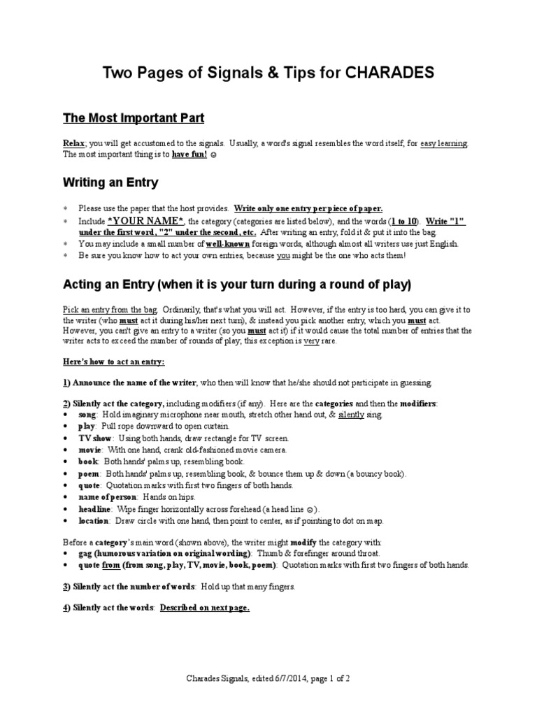 Charades Signals and Tips Guide | PDF