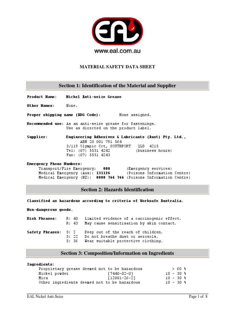 EALNickelAnti Seize MSDS | PDF | Volatile Organic Compound | Chemical ...