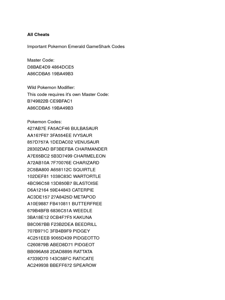 Pokemon Emerald Cheat Codes