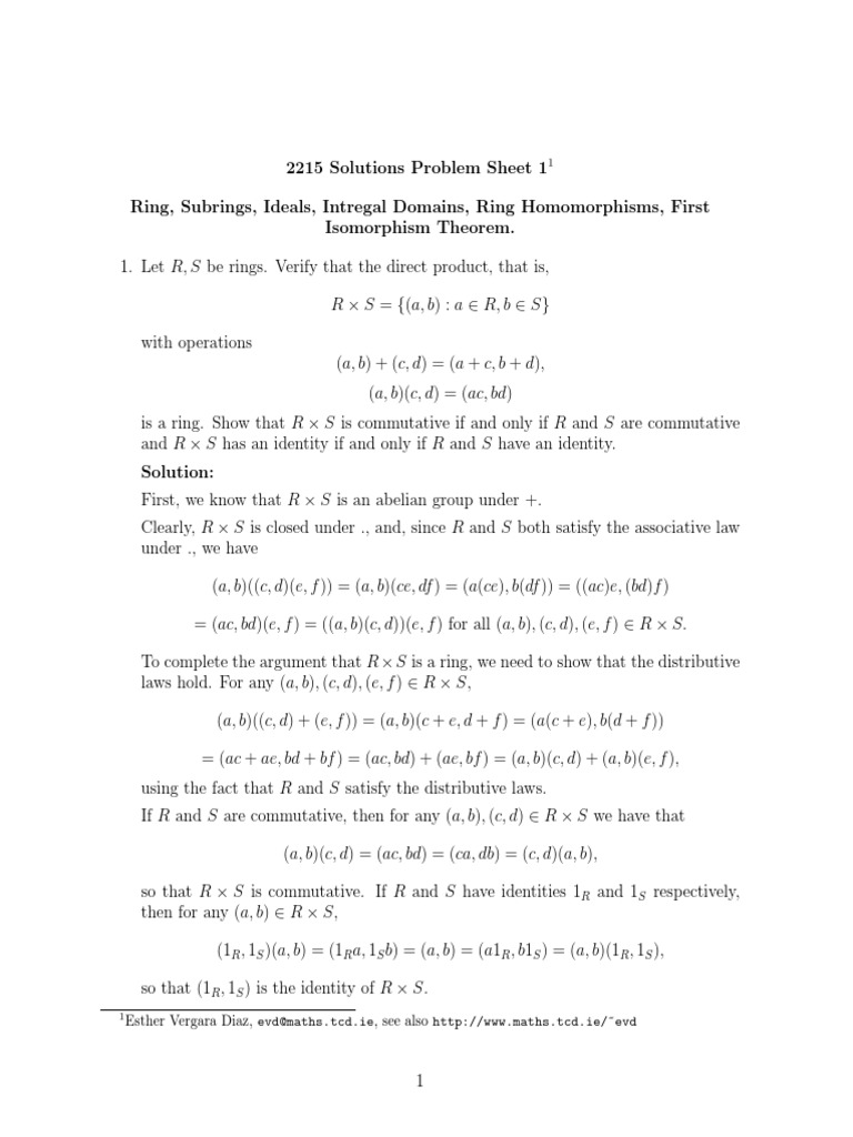 2215 Solution Problem Sheet 1 | PDF | Ring (Mathematics) | Integer