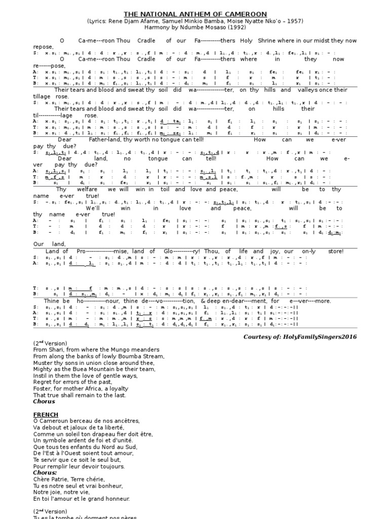 The Cameroon National Anthem | PDF