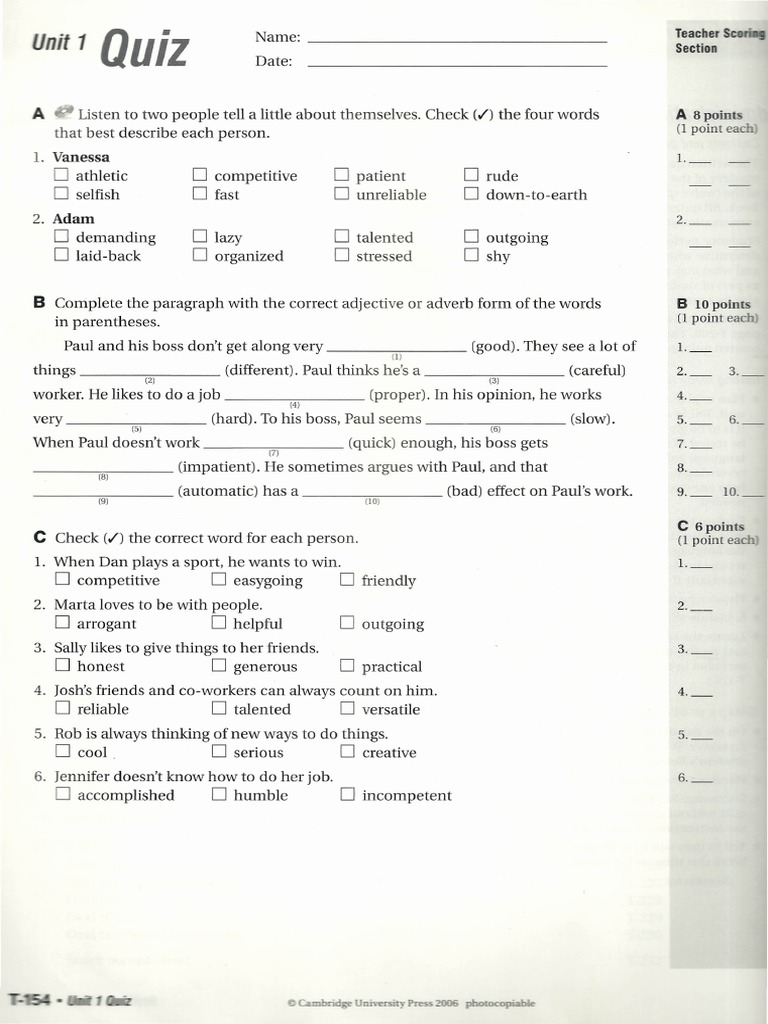 Touchstone 3 - Quiz Unit 1 | Grammar | Linguistic Morphology Touchstone 3 - Quiz Unit 1 | Grammar | Linguistic Morphology