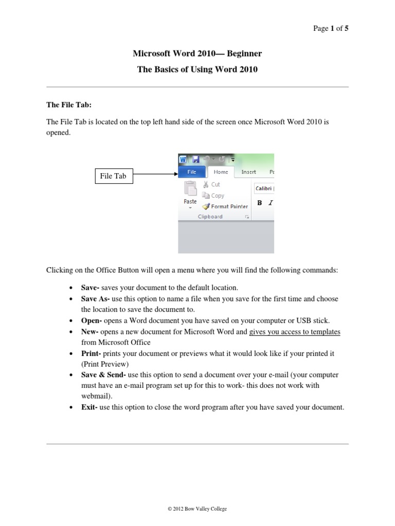 Basics of Microsoft Word 2010 Handout PDF | Download Free PDF ...