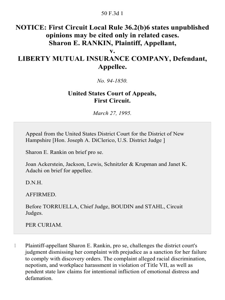 Rankin v. Liberty Mutual, 50 F.3d 1, 1st Cir. (1995) | PDF | Discovery ...