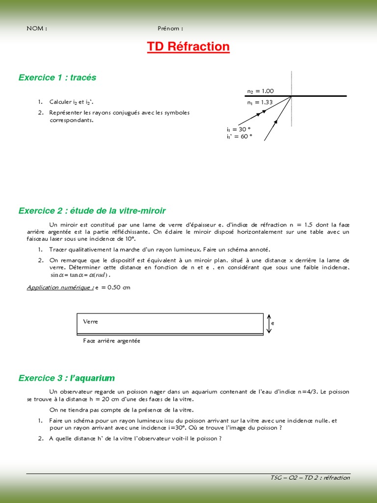Exercices sur la réfraction de la lumière | PDF | Indice de réfraction ...