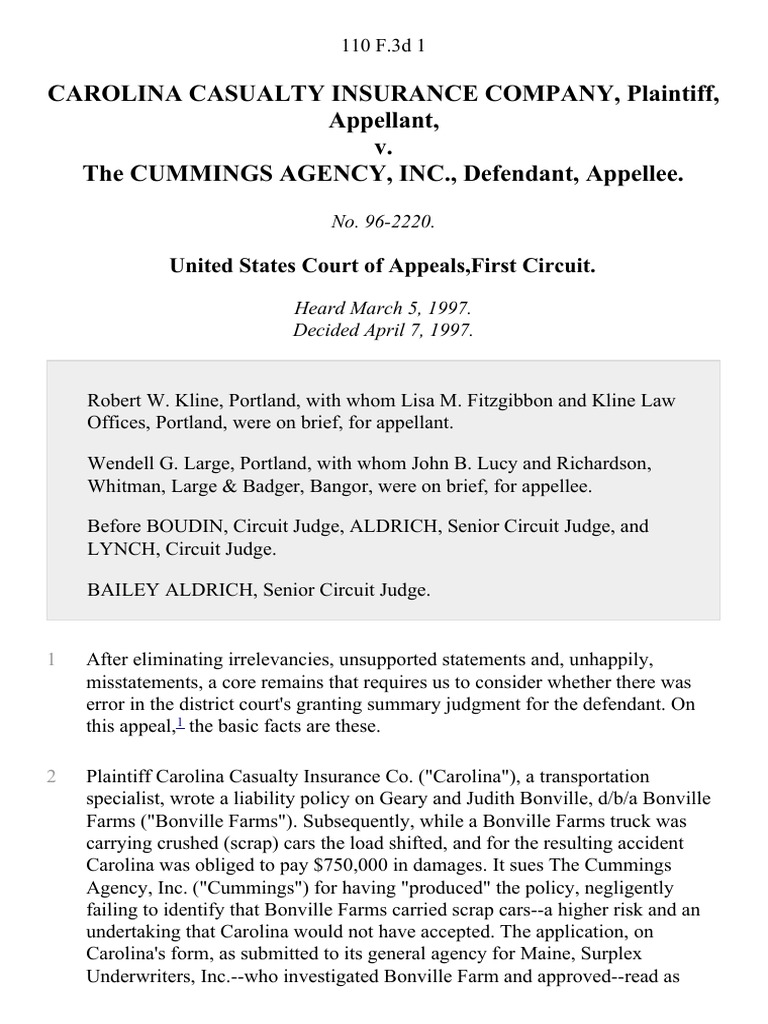 Carolina Casualty Insurance Company, Plaintiff, Appellant, v. The ...