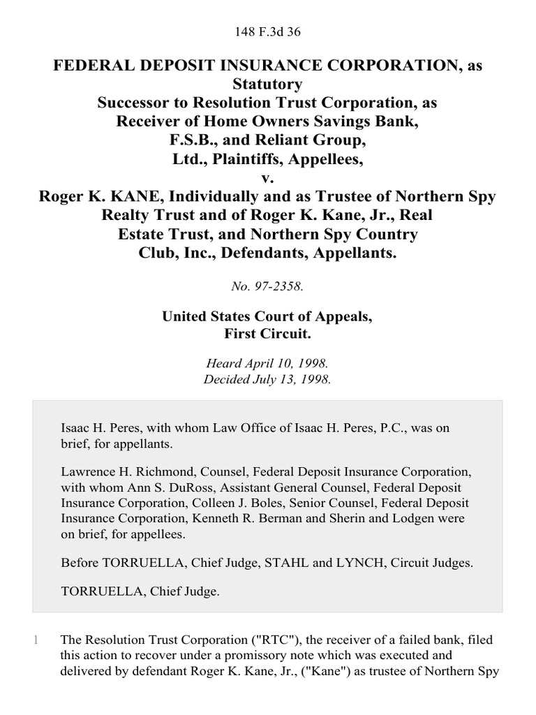 FDIC v. Kane, 148 F.3d 36, 1st Cir. (1998) | PDF | Federal Deposit Insurance Corporation | Lawsuit