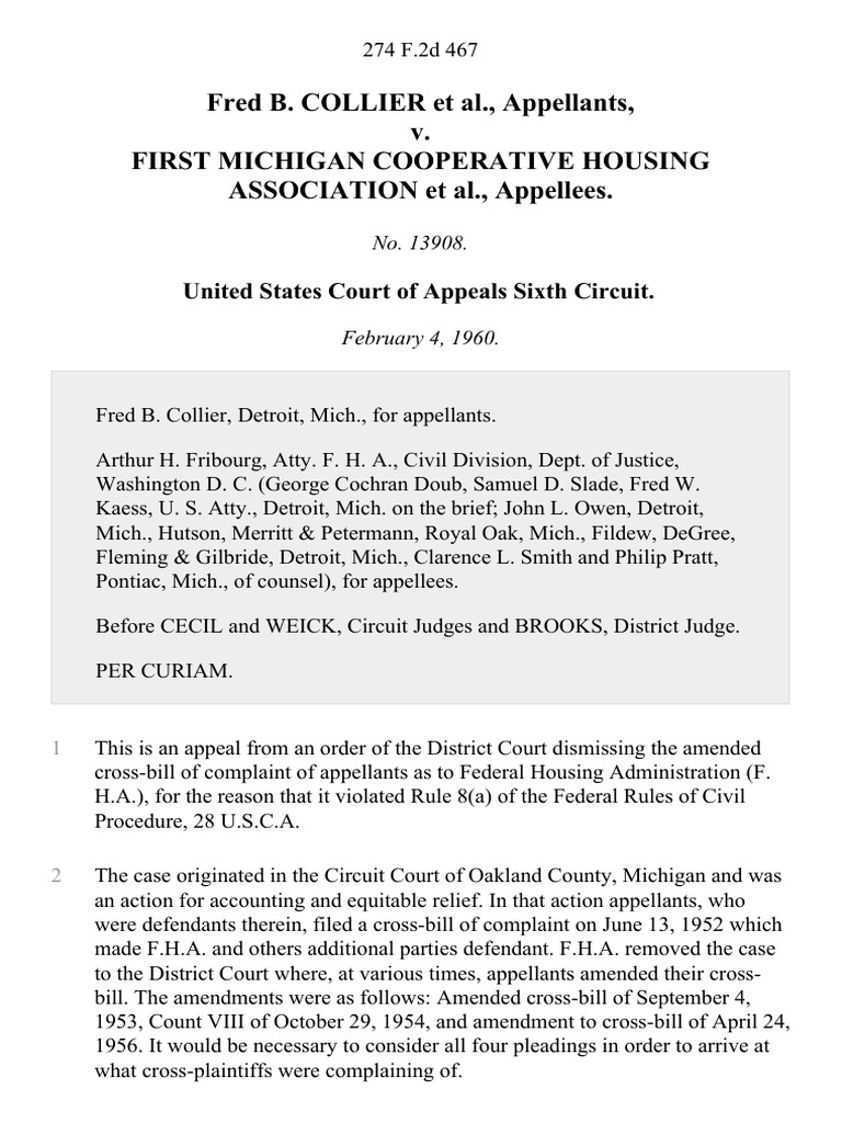 Fred B. Collier v. First Michigan Cooperative Housing Association, 274 ...