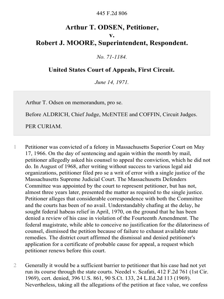 Arthur T. Odsen v. Robert J. Moore, Superintendent, 445 F.2d 806, 1st ...