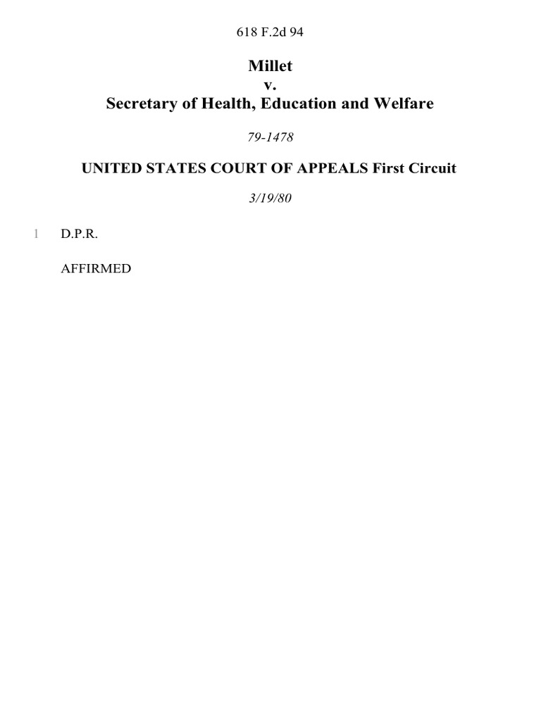 Millet v. Secretary of Health, Education and Welfare, 618 F.2d 94, 1st ...